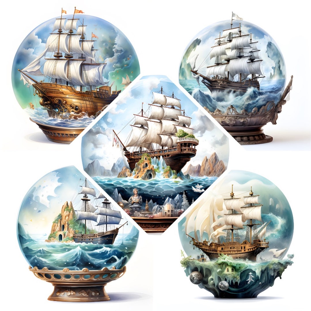 Pirate Ship Globe Watercolor Clipart, Ocean Scene Clipart, 16 High ...