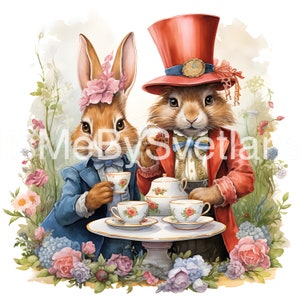 Bunnies Tea Party Watercolor Clipart, Cute Animals High Quality Jpgs ...