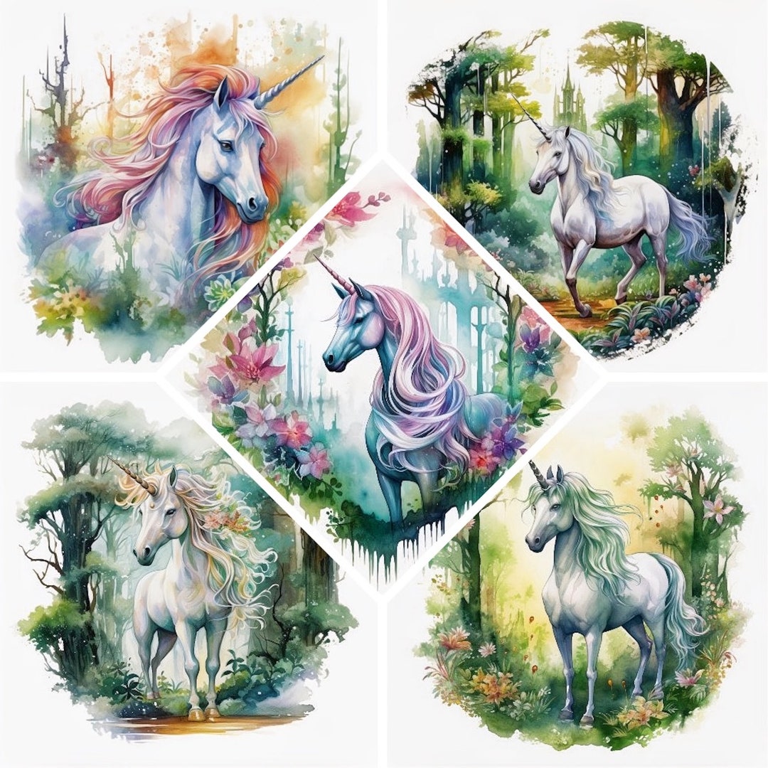 Unicorn Watercolor Clipart, Unicorn in the Forest Watercolor Painting ...