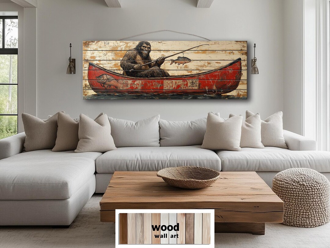 Bigfoot Fishing in Red Canoe Real Wood Wall Art, Long Horizontal ...