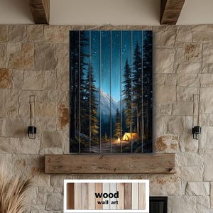Campfire and Tent Under Stars Distressed Wood Wall Art, Rustic Forest ...