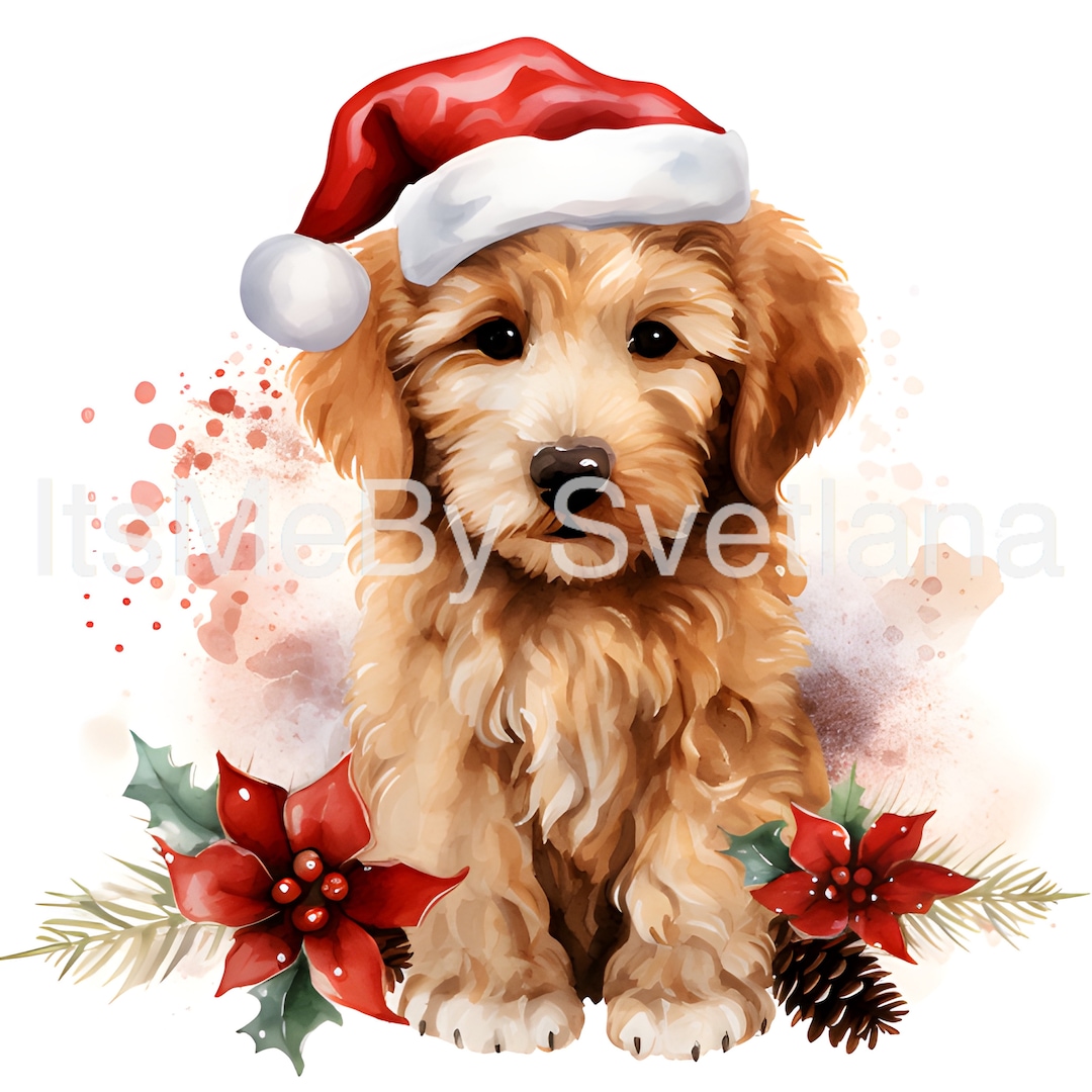 Christmas Goldendoodle Puppy Dog Watercolor Clipart, Golden Doodle ...
