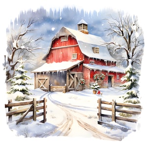 Christmas Farm Barn Watercolor Clipart, Christmas Winter Scene, Book ...