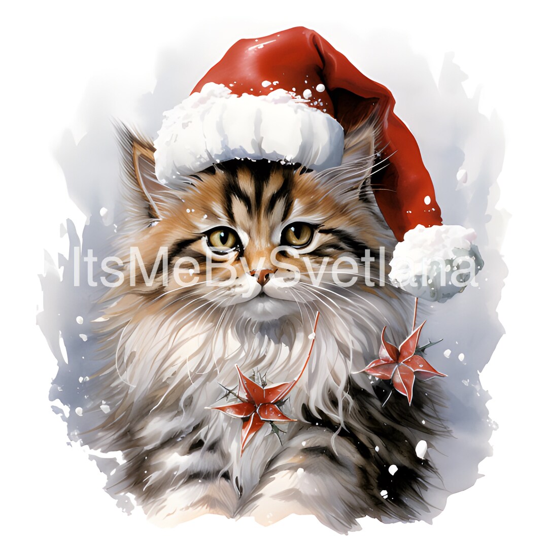 Christmas Kitty Watercolor Clipart, Kitten Cat High Quality Jpgs ...
