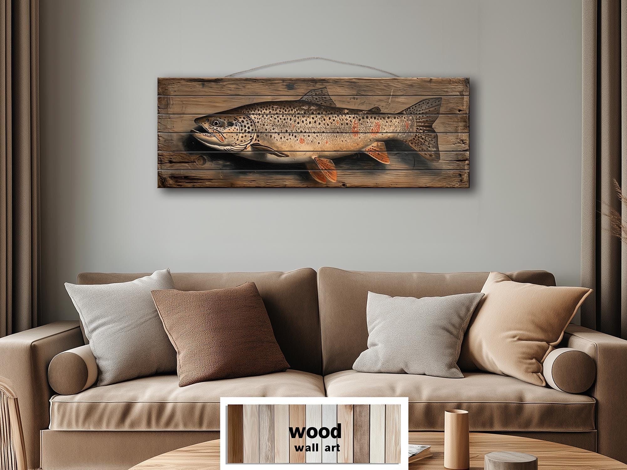 Brown Trout Distressed Wood Wall Art, Rustic Long Horizontal Fish Print ...