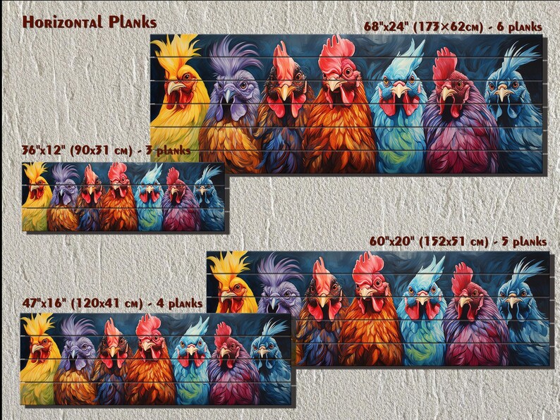 Colorful Roosters Wood Wall Art – Vibrant Chicken Print On Planks ...