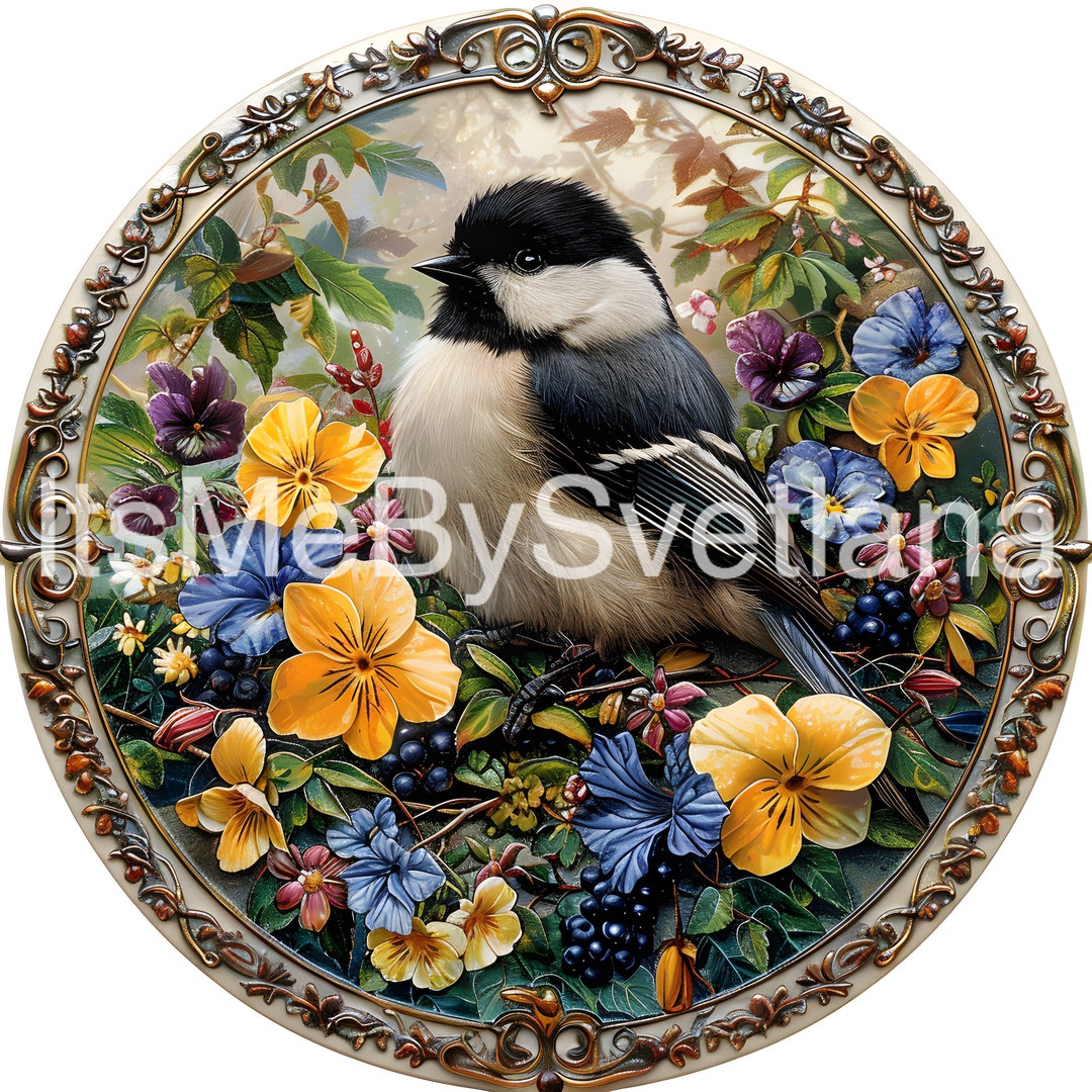 Floral Chickadee Round High Quality 12 Jpss Cliparts, Instant Download ...