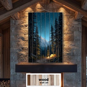 Campfire and Tent Under Stars Distressed Wood Wall Art, Rustic Forest ...