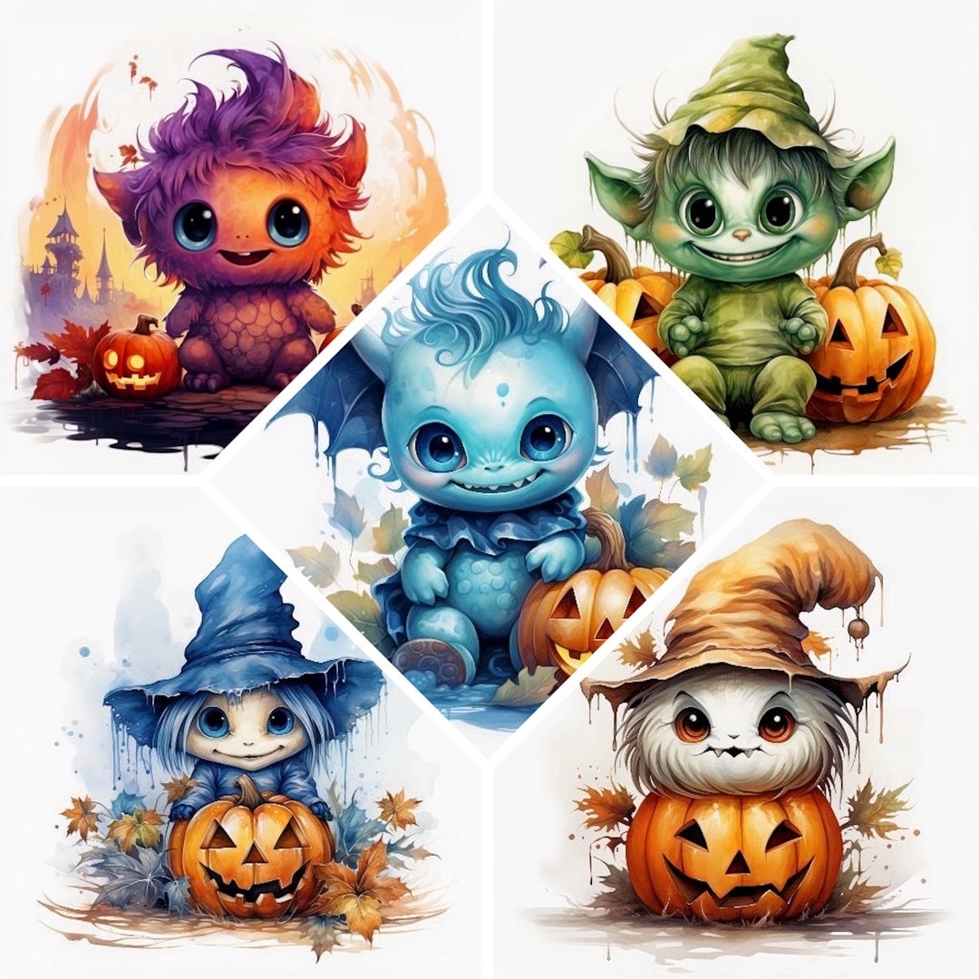 Halloween Cute Baby Monster Watercolor Clipart Halloween - Etsy
