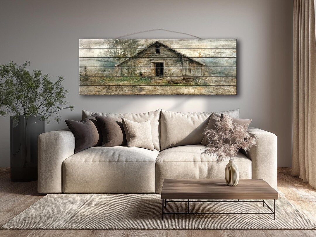 Rustic Old Barn Distressed Wood Wall Art, Farmhouse Landscape Print on ...