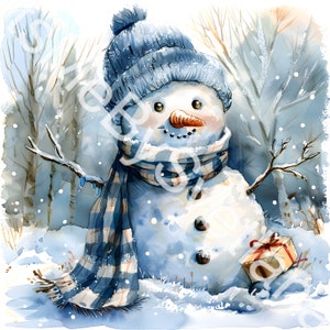 Christmas Watercolor Clipart. Winter Snowman, Christmas Scene 12 Jpgs ...