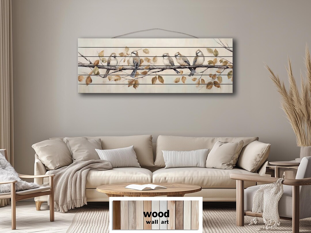 Birds on Branch Distressed Wood Wall Art – Neutral Long Narrow ...