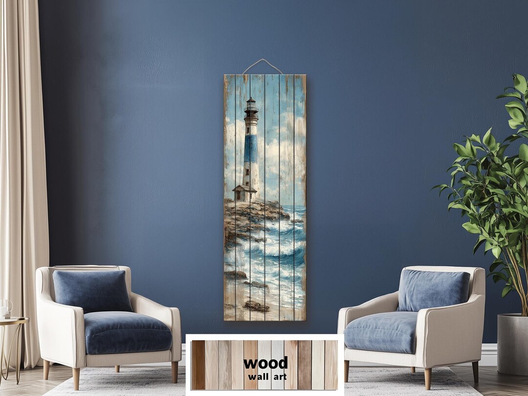 Tall Narrow Lighthouse Distressed Wood Wall Art, Vertical Coastal ...