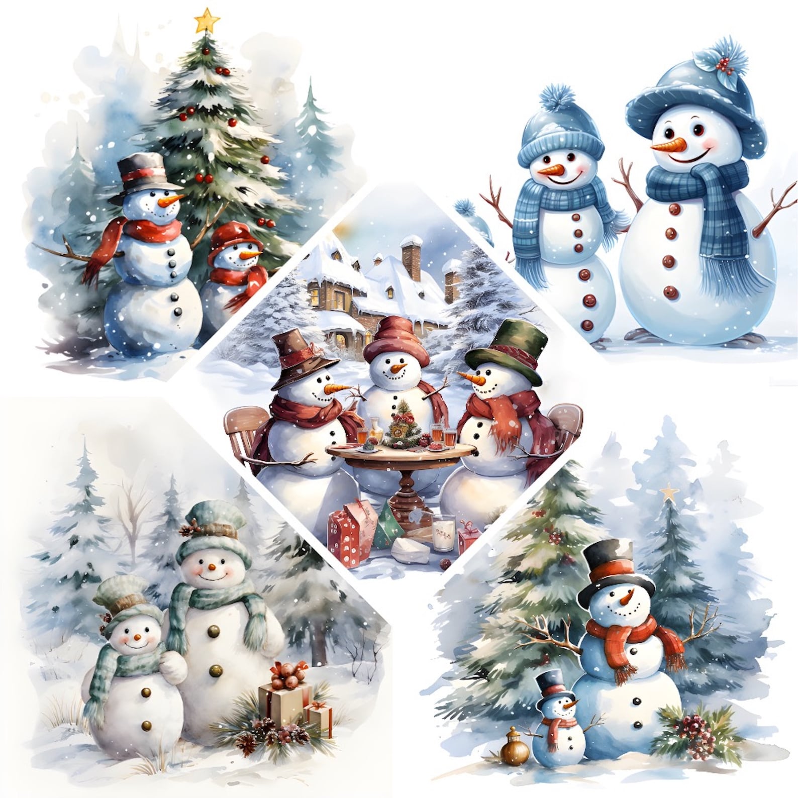 Christmas Snowman Watercolor Clipart Winter Snowman Print - Etsy