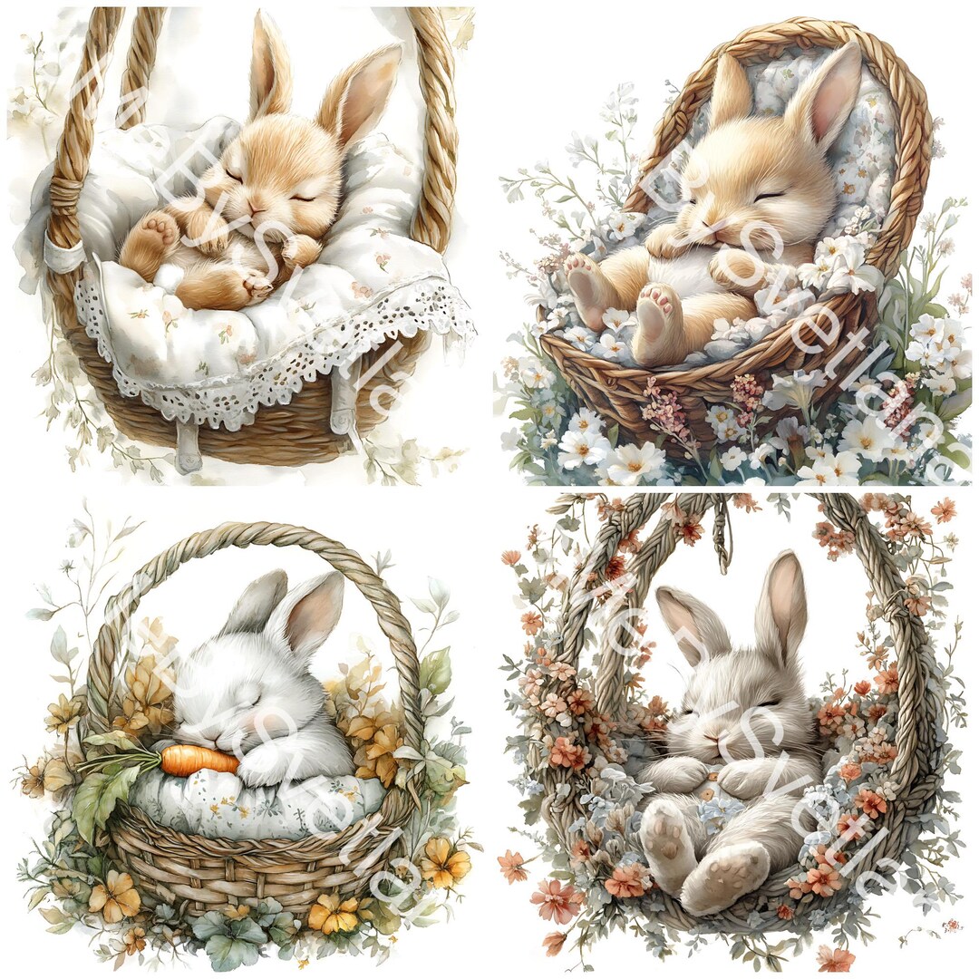 Sleeping Cute Baby Bunny in Cradle Watercolour Clipart Bundle, 18 ...