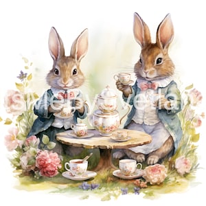 Bunnies Tea Party Watercolor Clipart, Cute Animals High Quality Jpgs ...