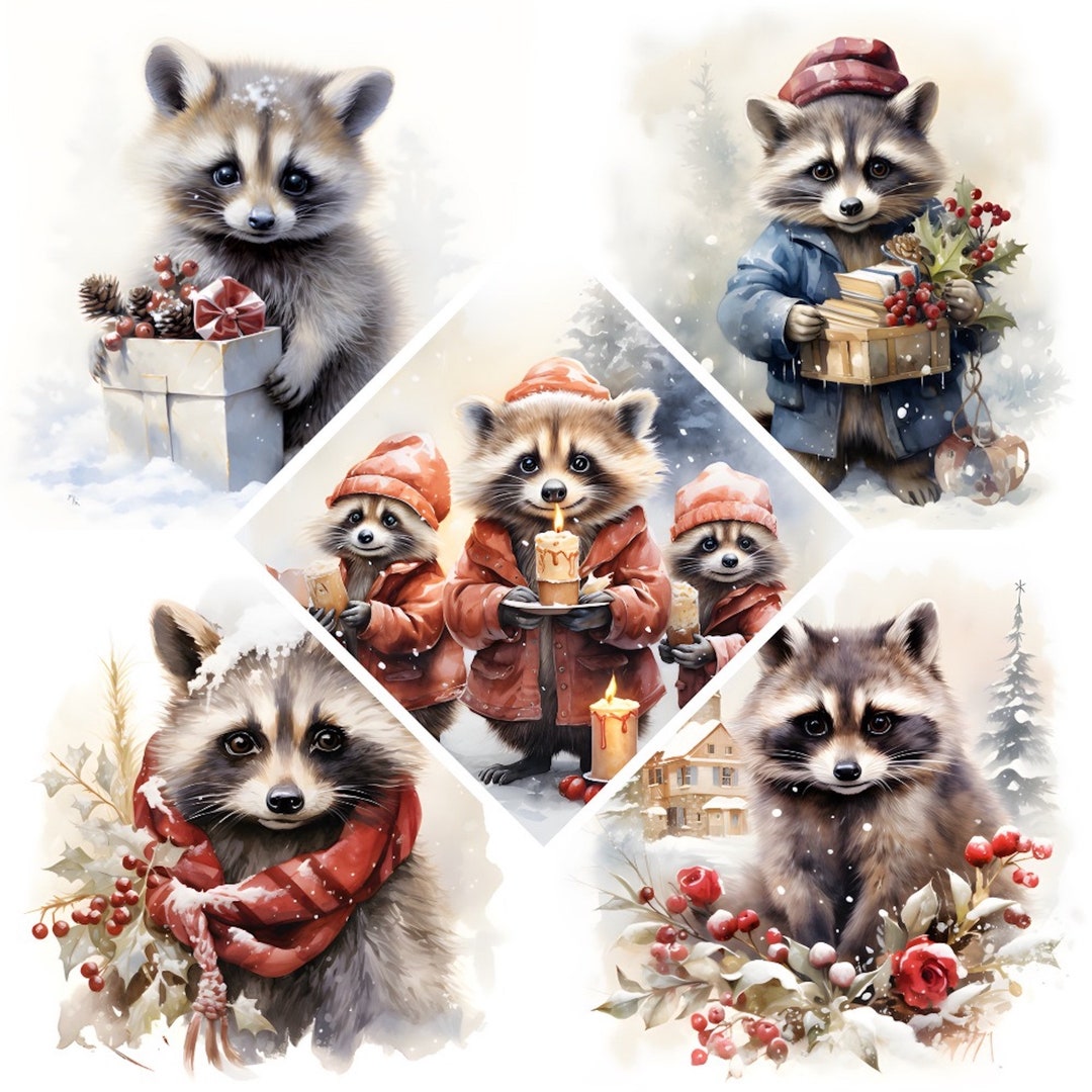 Christmas Baby Raccoon Clipart, 24 JPG Watercolor Files, Digital ...