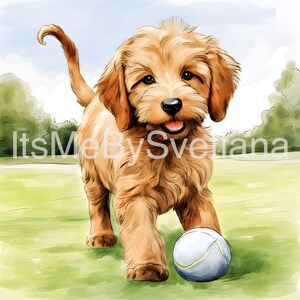 Cute Goldendoodle Puppy Dog Watercolor Clipart, Golden Doodle Print ...