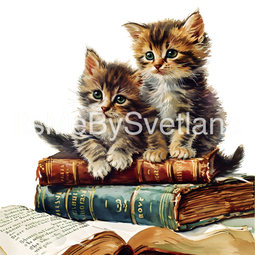 Kittens on Books Watercolor Clipart, Cute Cat Instant Download, Book ...