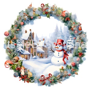 Snowman With Christmas Wreath Watercolor Round Printable Clipart, Print ...