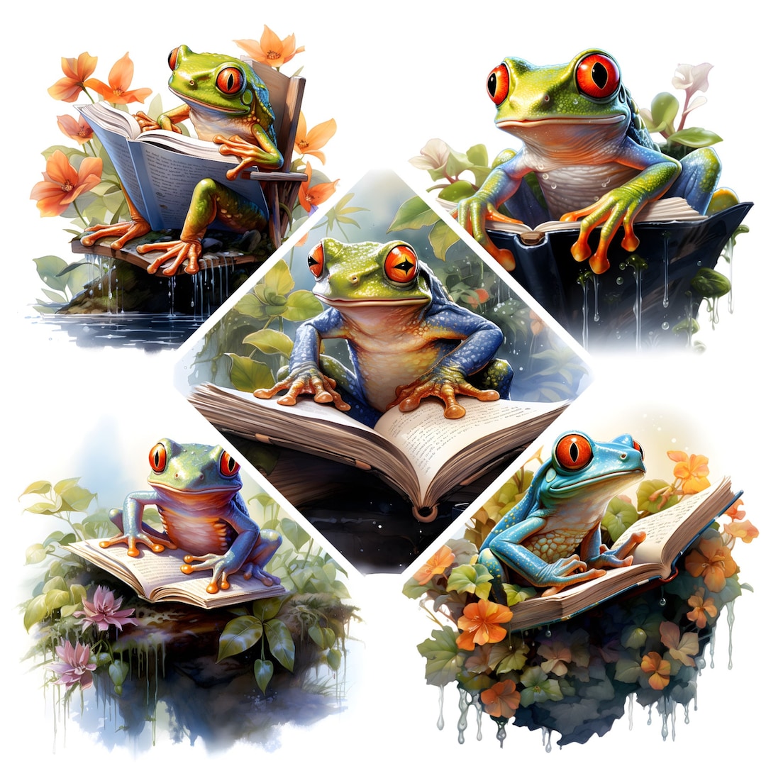 Red Eyed Tree Frog Reading a Book Watercolor Clipart, Fantasy Frog ...
