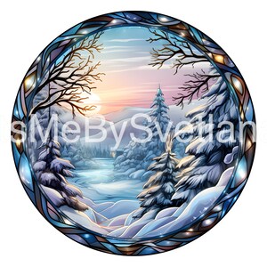 5 Winter Forest Landscape Stained Glass Clipart, Pngs, Digital Crafting ...