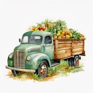Old Farm Truck Watercolor Clipart, Rustic Retro Farm Truck Print, Book ...