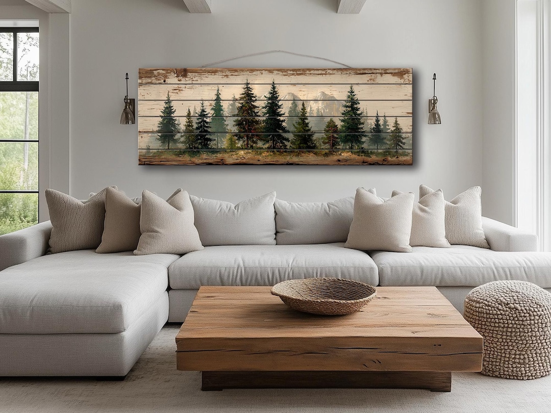 Pine Forest Mountain Landscape Distressed Wood Wall Art Long Horizontal ...