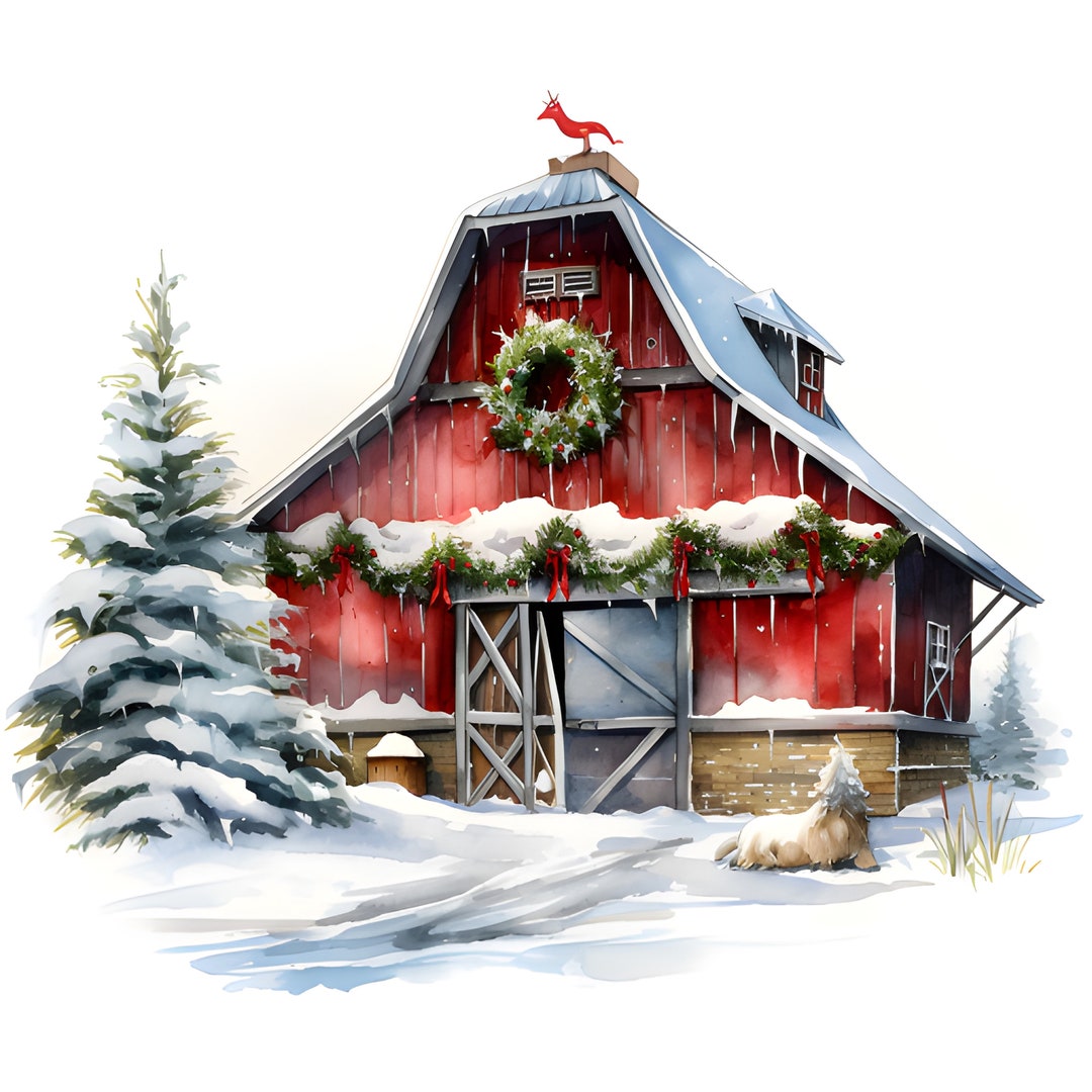 Christmas Farm Barn Watercolor Clipart, Christmas Winter Scene, Book ...