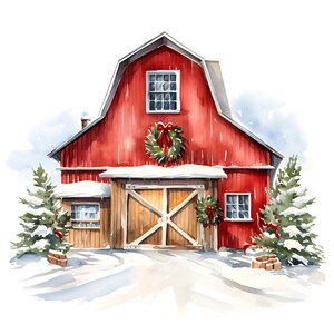 Christmas Farm Barn Watercolor Clipart, Christmas Winter Scene, Book ...