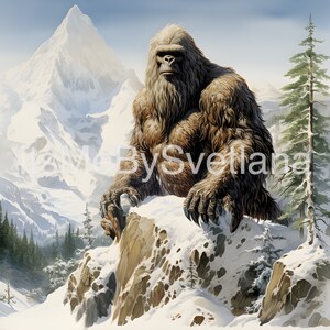Bigfoot Watercolor Clipart, Fantasy Bigfoot in Mountains Print, Book ...