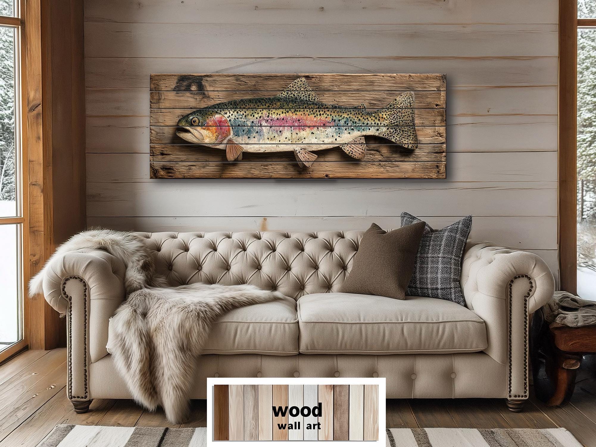 Rainbow Trout Distressed Wood Wall Art, Rustic Long Horizontal Fish ...