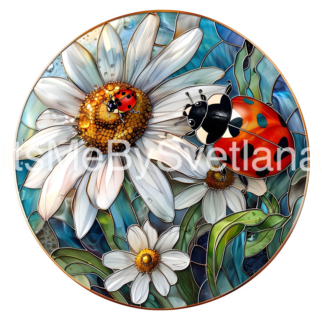 5 Daisy and Ladybug Faux Stained Glass Clipart, Pngs, Transparent ...