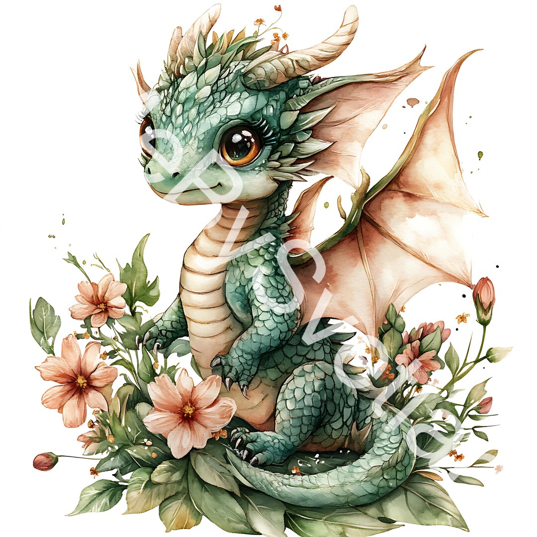 Chinese Baby Dragon Watercolour Clipart, Cute Floral Fantasy Baby ...