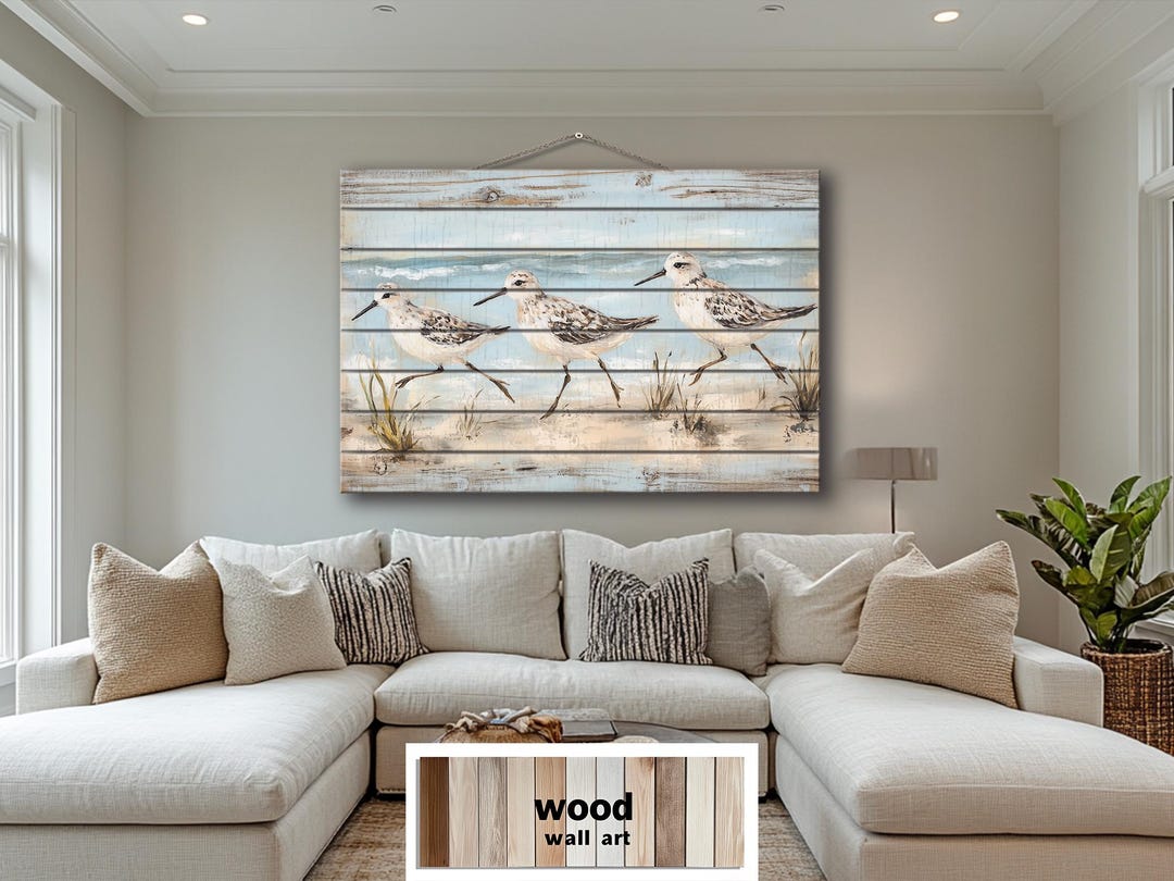 Coastal Distressed Wood Wall Art – Sandpipers Walking on Beach Rustic ...