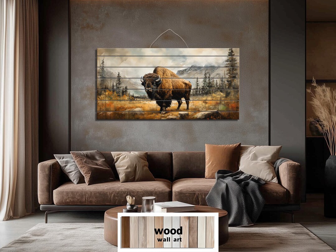 Rustic Bison in Mountain Landscape Distressed Wood Wall Art – Farmhouse ...