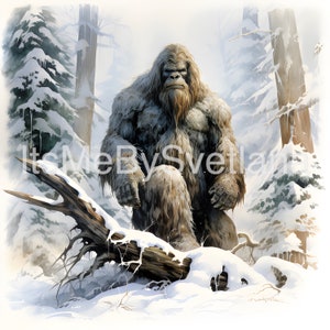Bigfoot in Winter Forest Watercolor Clipart, Fantasy Yeti Print, Book ...