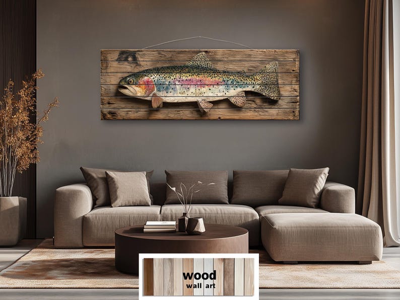 Rainbow Trout Distressed Wood Wall Art, Rustic Long Horizontal Fish ...