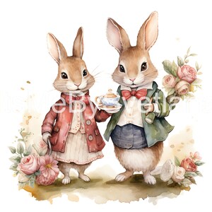 Bunnies Tea Party Watercolor Clipart, Cute Animals High Quality Jpgs ...