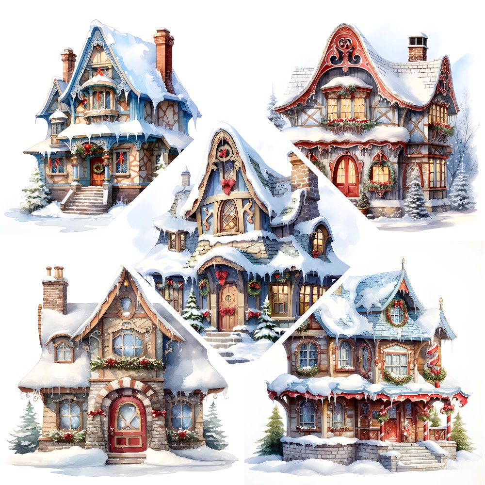 Santa Claus House Watercolor Clipart Winter Santa's House - Etsy