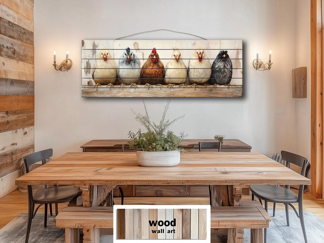 Chicken and Hens Lineup Real Wood Wall Art - Long Horizontal Rustic ...