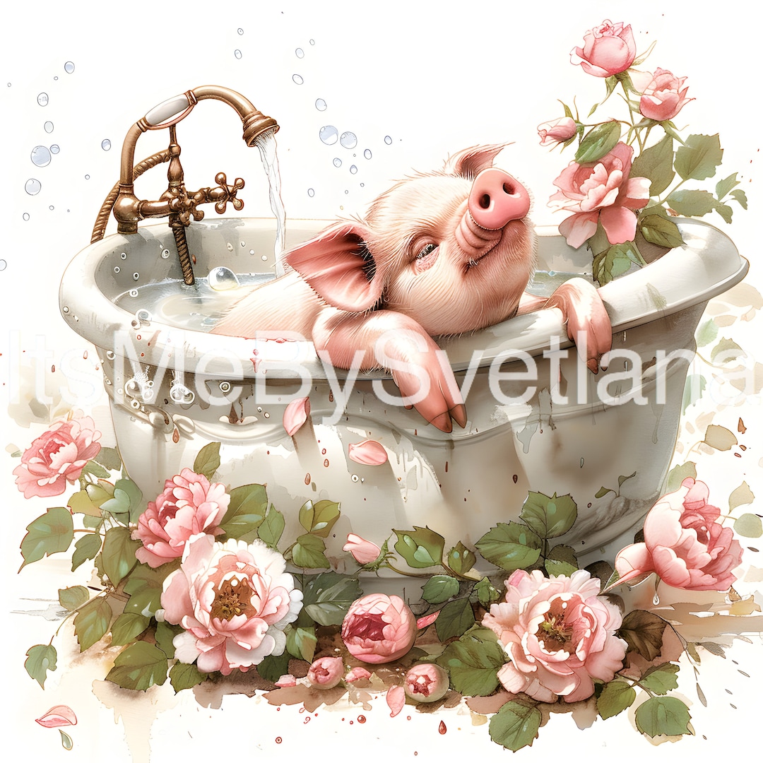 Cute Baby Pig in the Bath Tub Watercolor Clipart, Baby Animals Instant ...