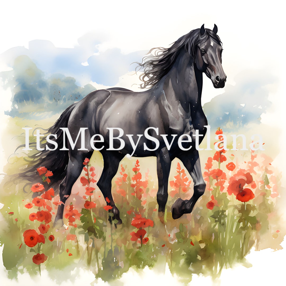 Black Horse Watercolor Clipart, Horse in a Field Watercolor Painting ...