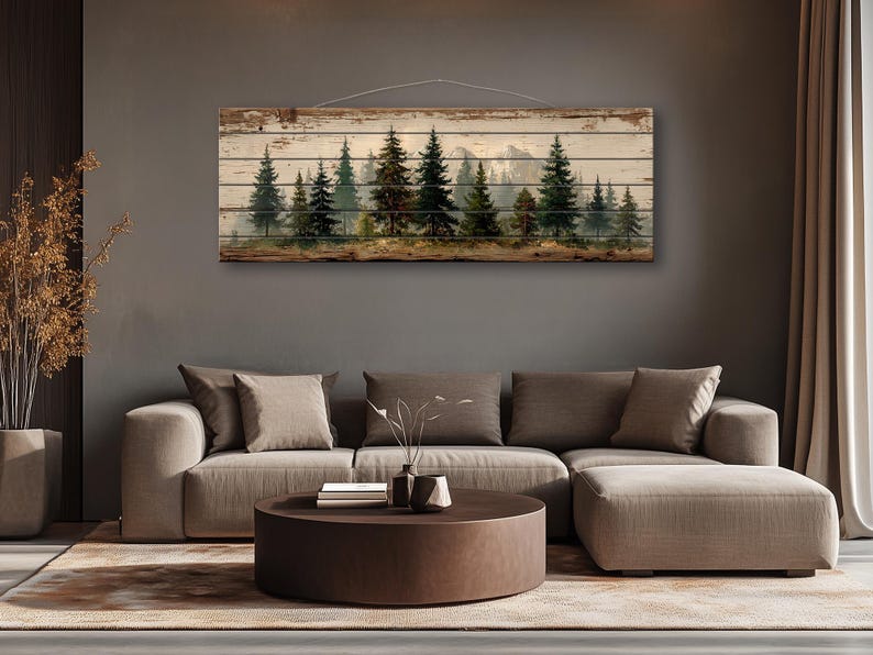 Pine Forest Mountain Landscape Distressed Wood Wall Art Long Horizontal ...