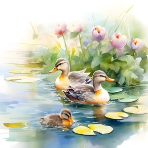 Duck and Ducklings Muted Watercolor Clipart, Ducklings in the Pond ...