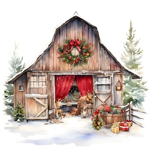 Christmas Farm Barn Watercolor Clipart, Christmas Winter Scene, Book ...