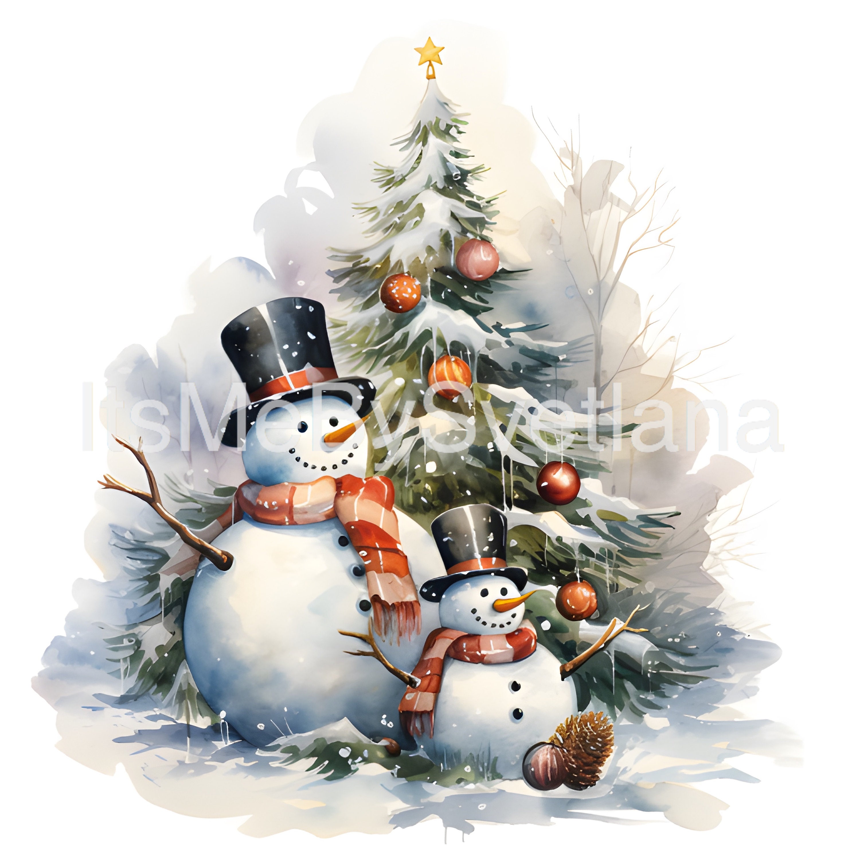 Christmas Snowman Watercolor Clipart Winter Snowman Print - Etsy
