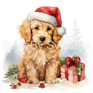 Christmas Goldendoodle Puppy Dog Watercolor Clipart, Golden Doodle ...
