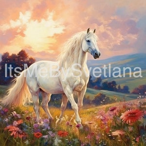 White Horse Watercolor Clipart, Horse in a Field Watercolor Painting ...