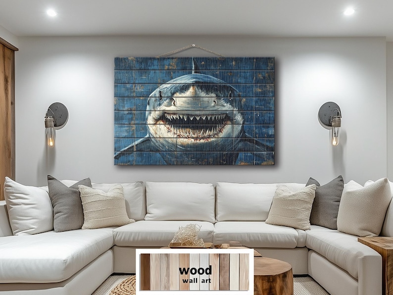 Scary Great White Shark Sign Printed on Rustic Wood Slats, Nautical ...